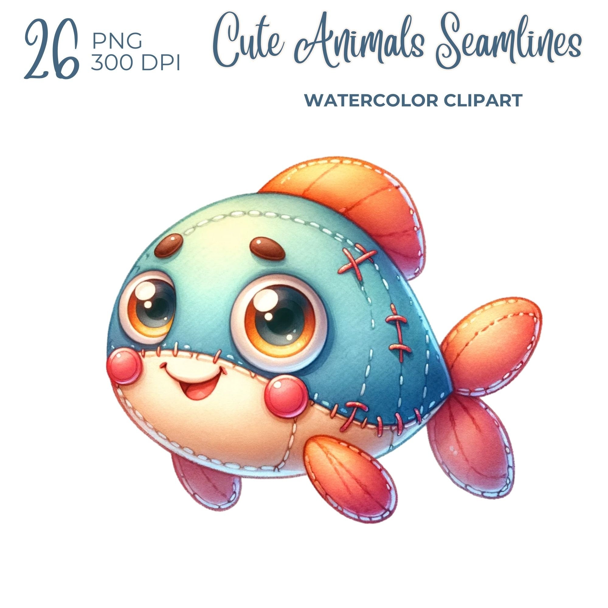 26 PNG Watercolor Cute Animals Stitched or Seam Lines Collection ...