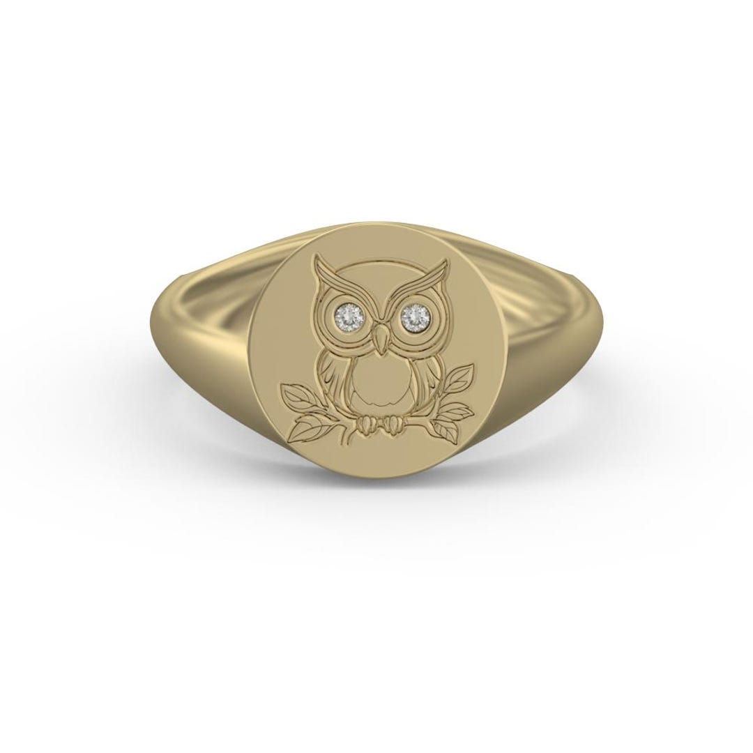 14K or 18K Solid Gold Owl Signet Ring With Lab Diamond Eyes – Custom ...