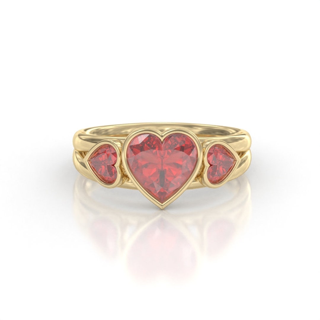 14k Solid Gold Heart Cut Lab Grown Ruby Three Stone Ring - Etsy