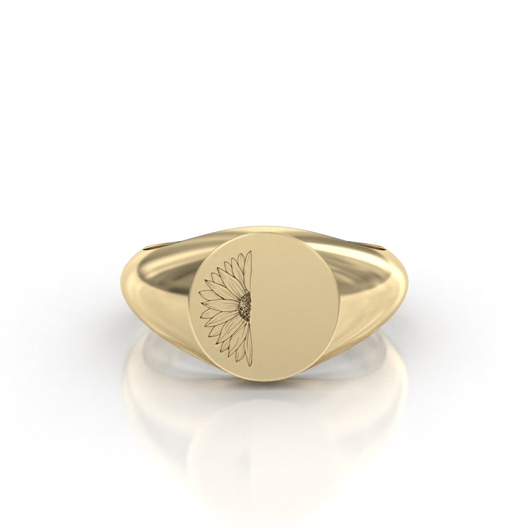 Sunflower Signet Ring – Solid 14K/18K Gold Floral Engraved Ring ...