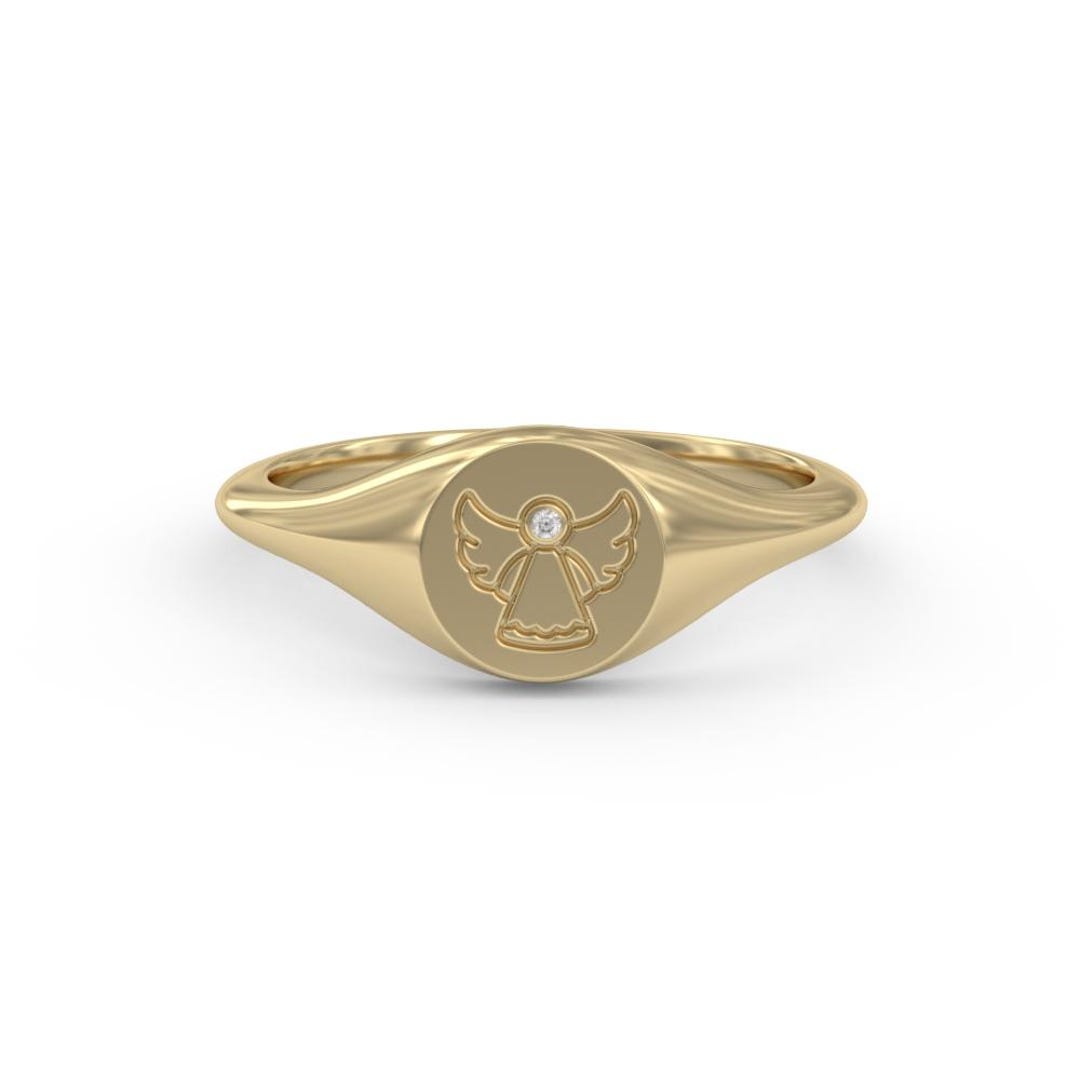 14k Gold Angel Signet Ring With Natural Diamond, Handcrafted Fine ...