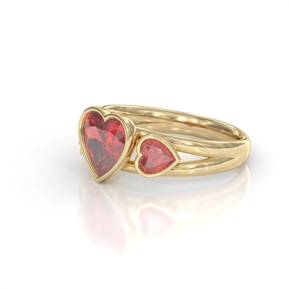 14k Solid Gold Heart Cut Lab Grown Ruby Three Stone Ring - Etsy