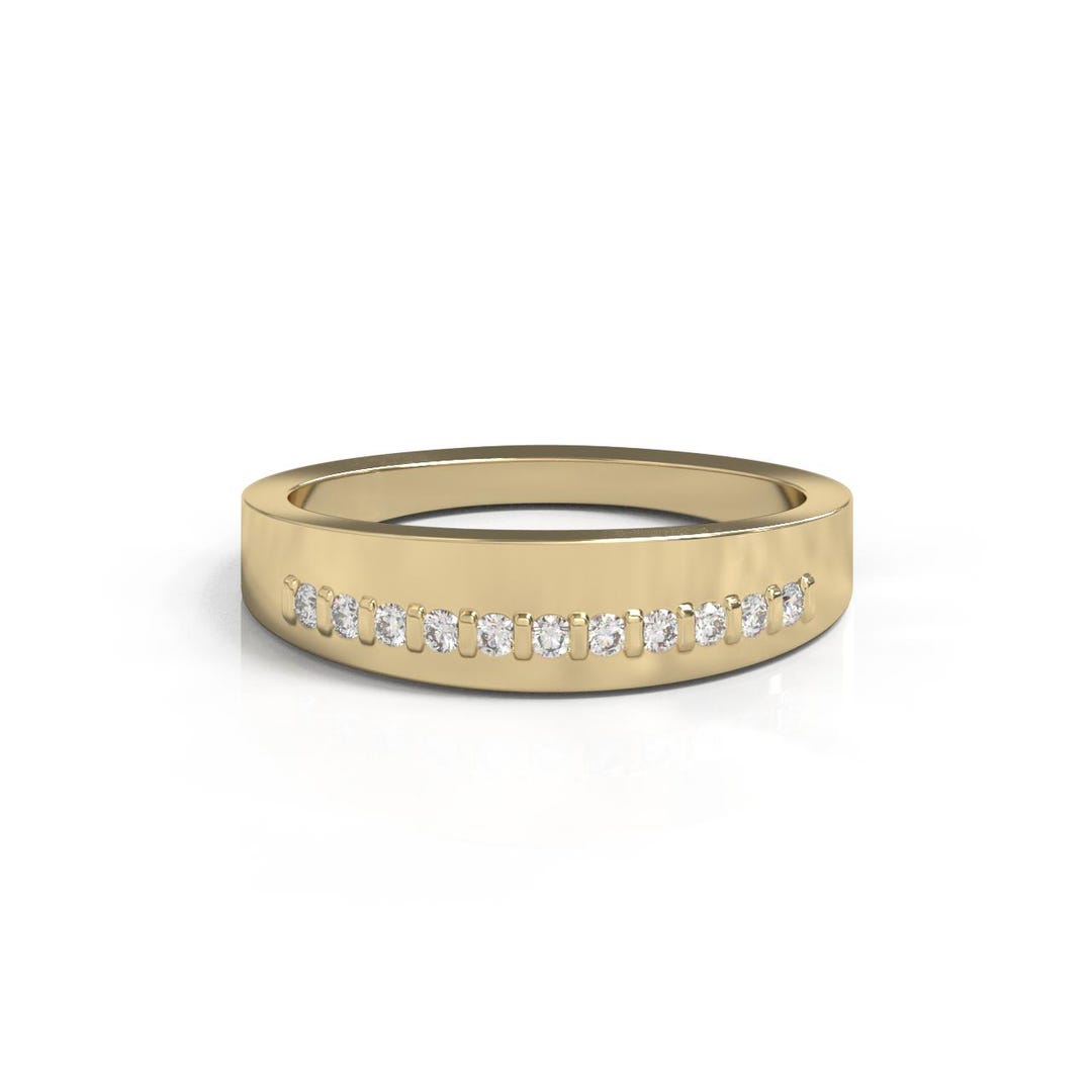 14K Yellow Solid Gold Side Pave Diamond Wedding Wide Band, Eternity ...