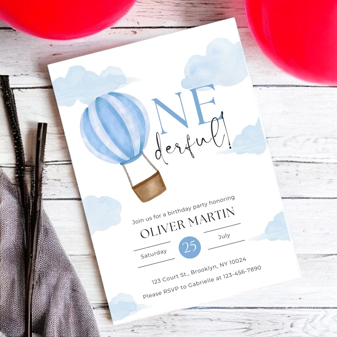 Editable Onederful Hot Air Balloon Invitation, Onederful 1st Birthday ...