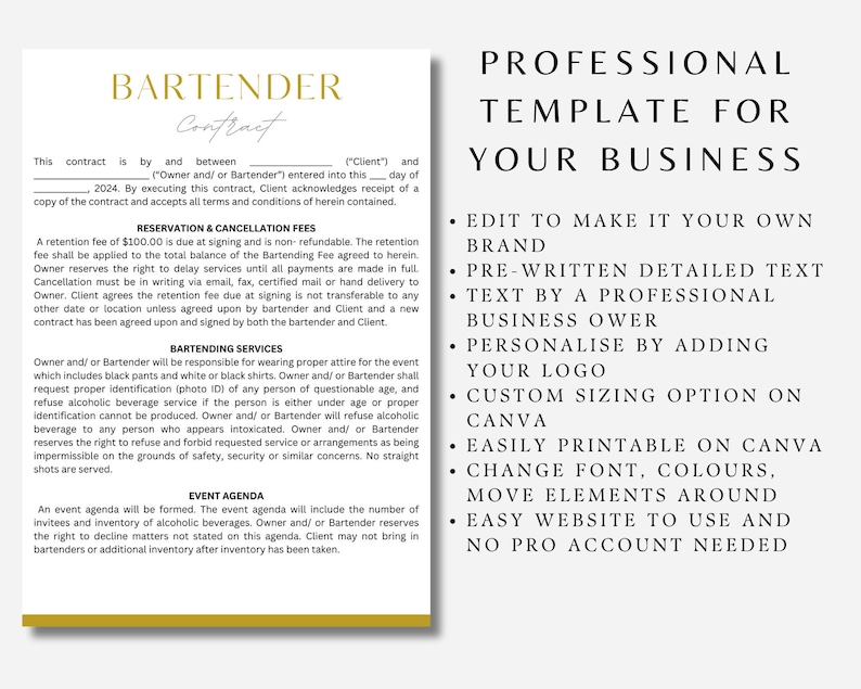 Professional Bar Business Forms, Bartending Services, Contract, Invoice ...