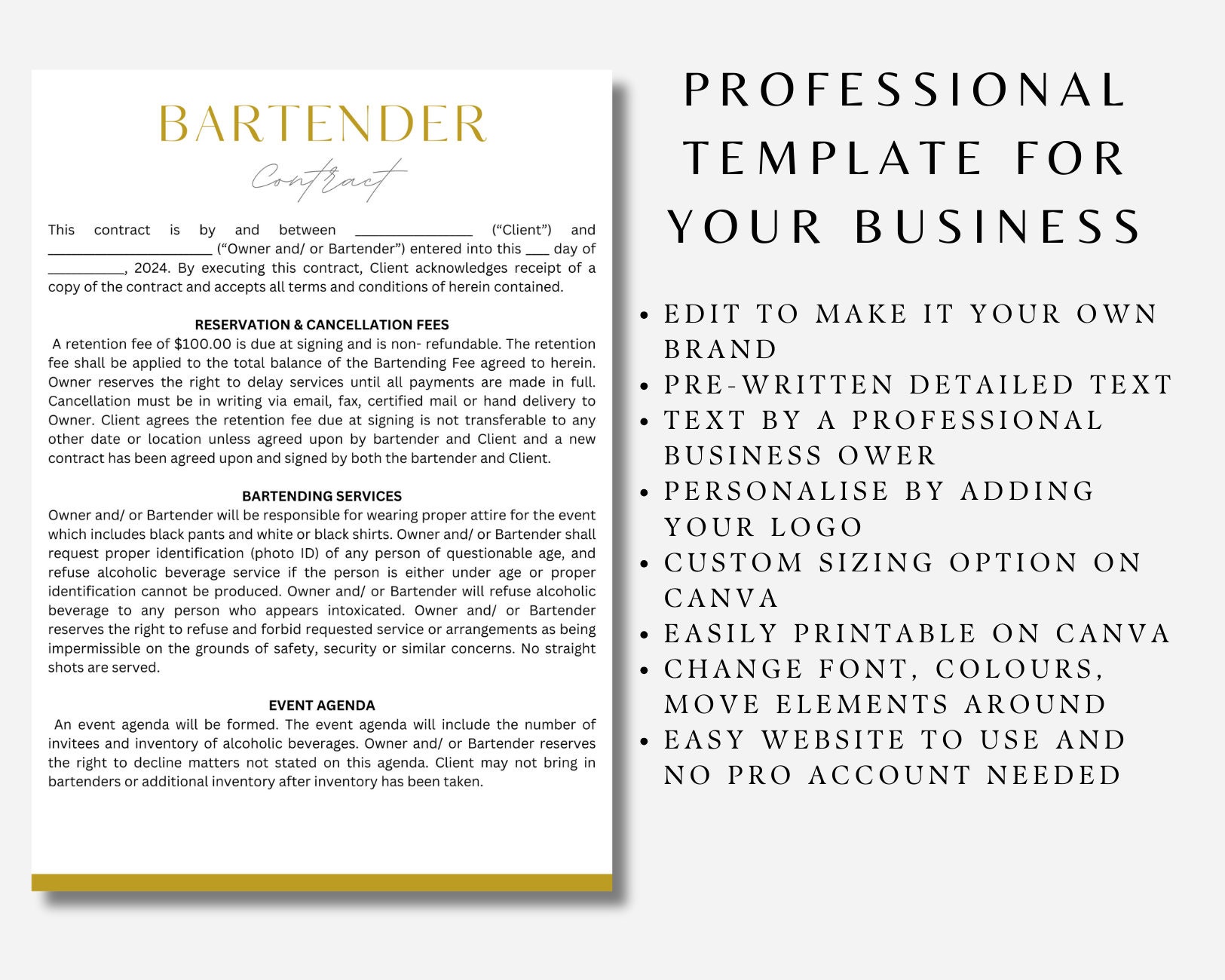Professional Bar Business Forms, Bartending Services, Contract, Invoice ...