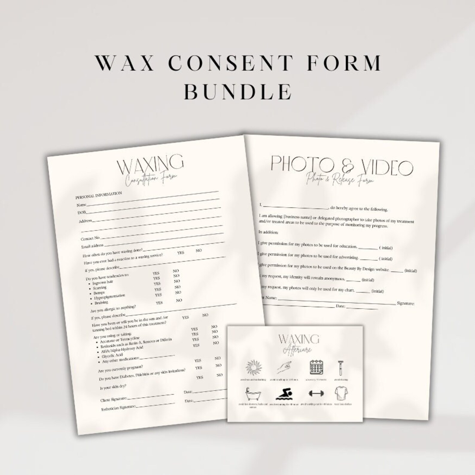 Waxing Consultation Form, Photo and Video Release Form, Wax Aftercare ...
