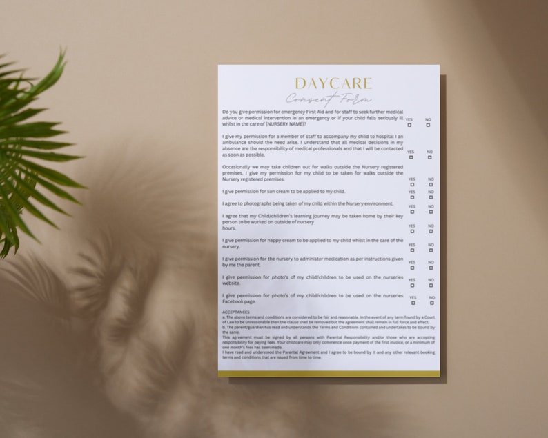 Professional Day Care Forms Consent Form for Nursery Daycare Paperwork ...