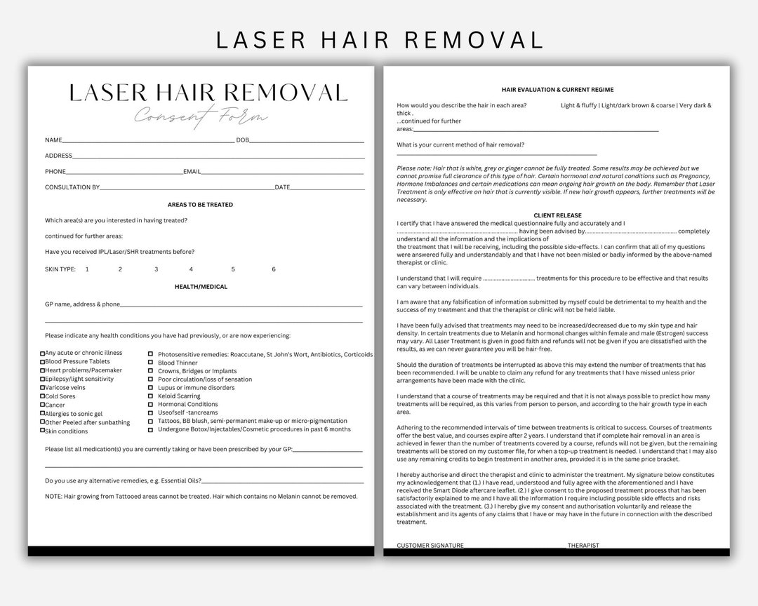 Professional Laser Hair Removal Consent Form Contract, Salon Use Forms ...