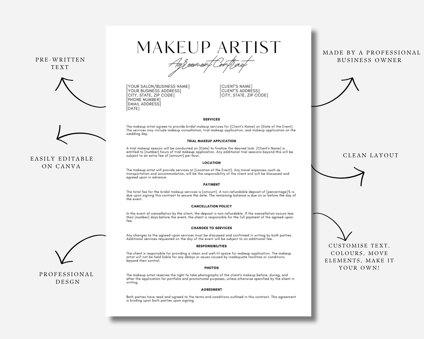 Editable Makeup Artist Agreement Contract, MUA Feedback Form, Beauty ...