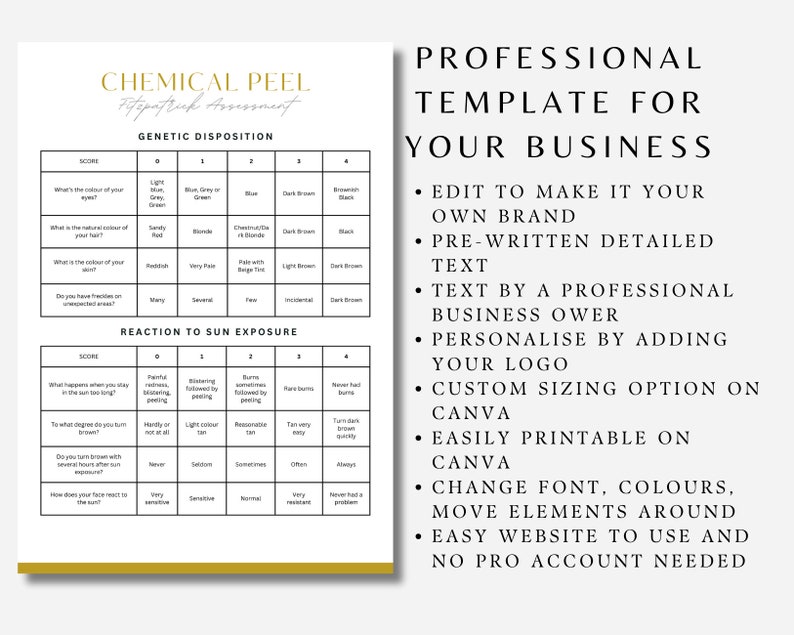 Editable Chemical Peel Fritzpatrick Assessment Chart Canva Template - Etsy