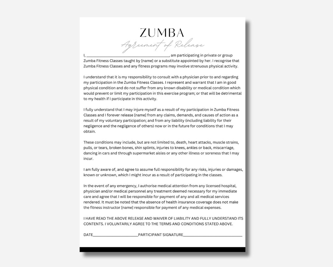 Editable Zumba Class Agreement of Release | Zumba Contract | Digital ...