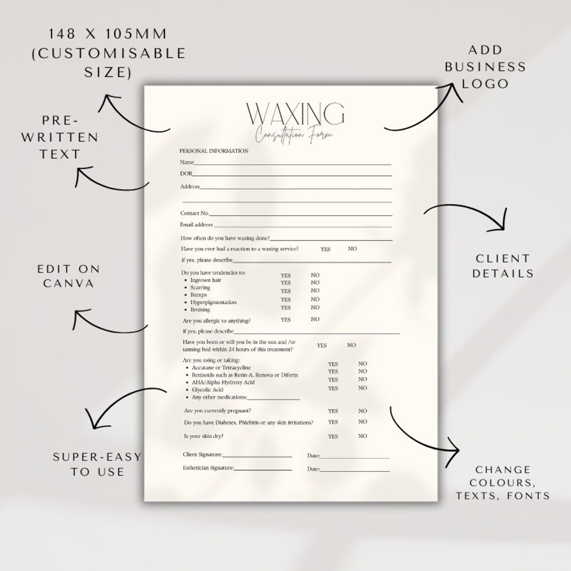 Waxing Consultation Form, Photo and Video Release Form, Wax Aftercare ...