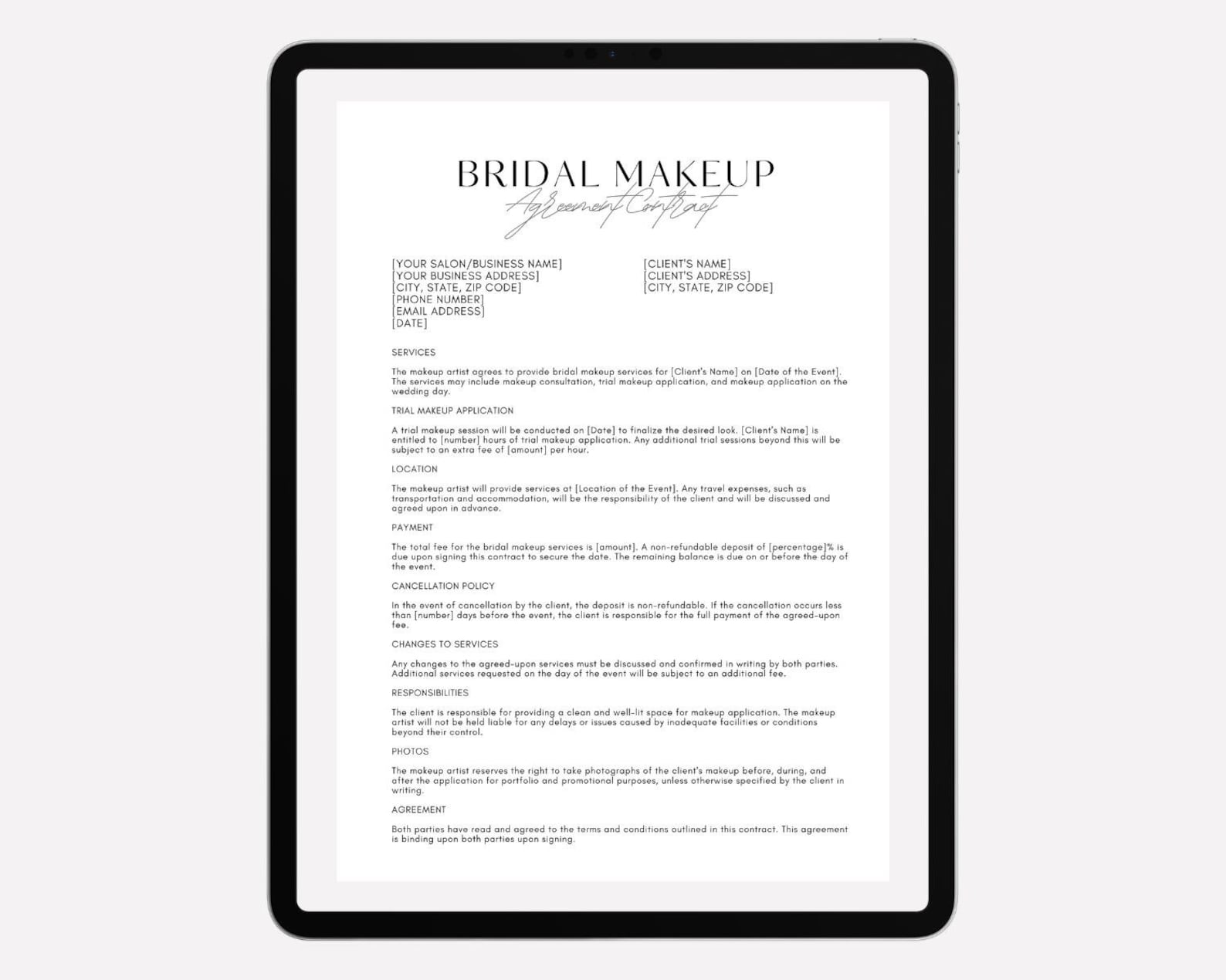 Professional Bridal Makeup Contract | Consent Form | Editable on Canva ...