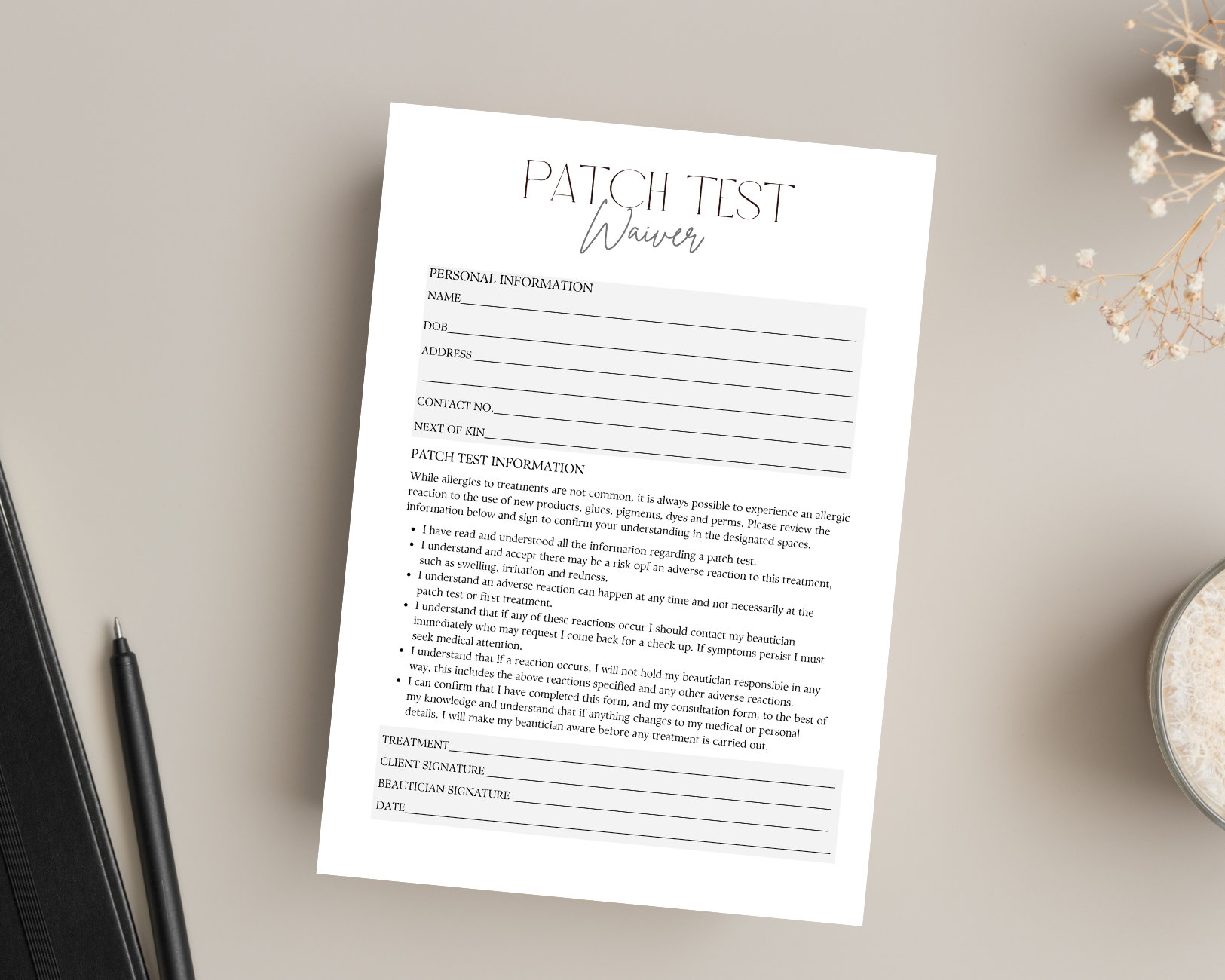 Editable Patch Test Waiver Form: Canva Template (digital Download ...