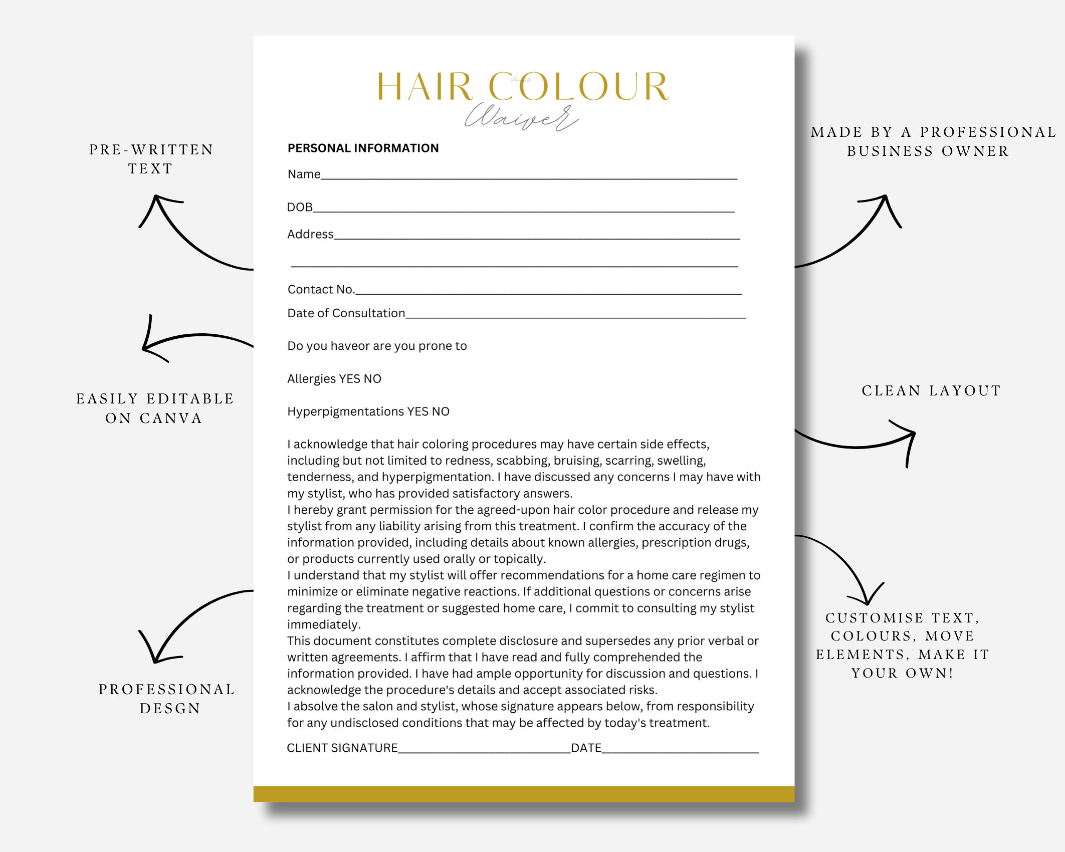 Editable Hair Colour Form, Patch Test Waiver, Liability Waiver ...