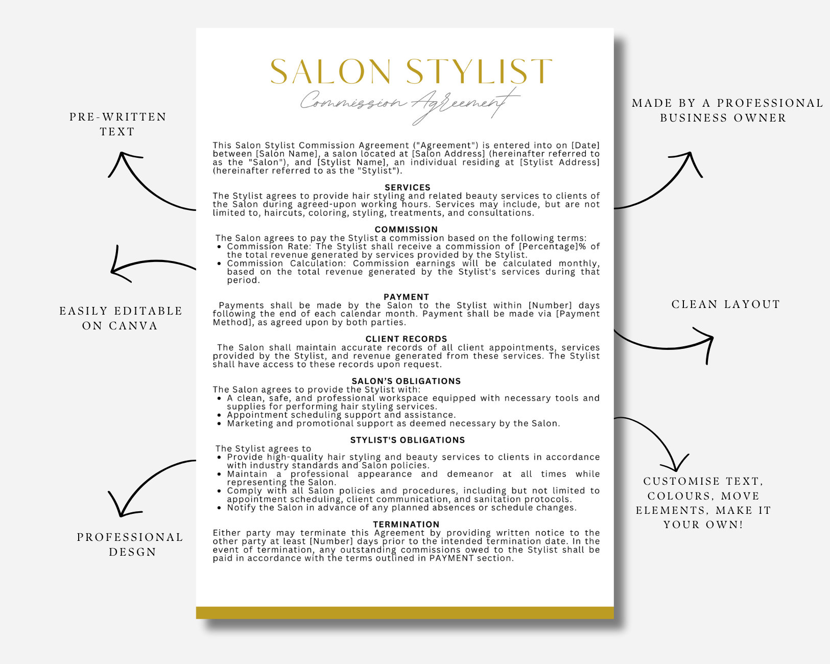 Editable and Printable Salon Stylist Commission Agreement, Employeee ...