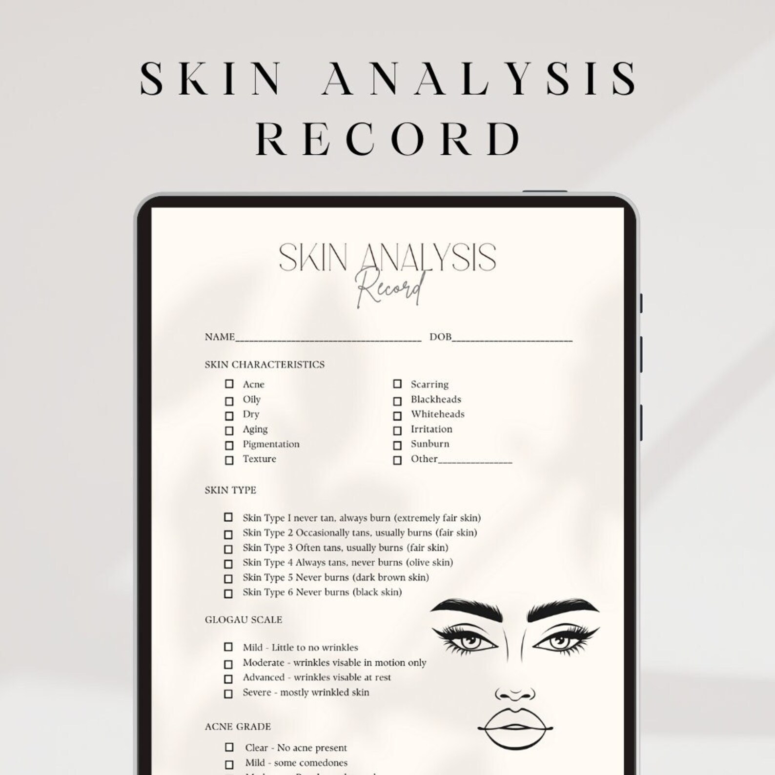 Professional Skin Analysis Record Form, Facial Consultation, Client ...