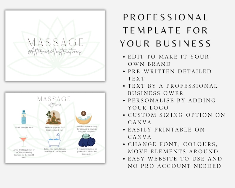Massage Therapy Aftercare Instructions, Aftercare Card Template, Post ...