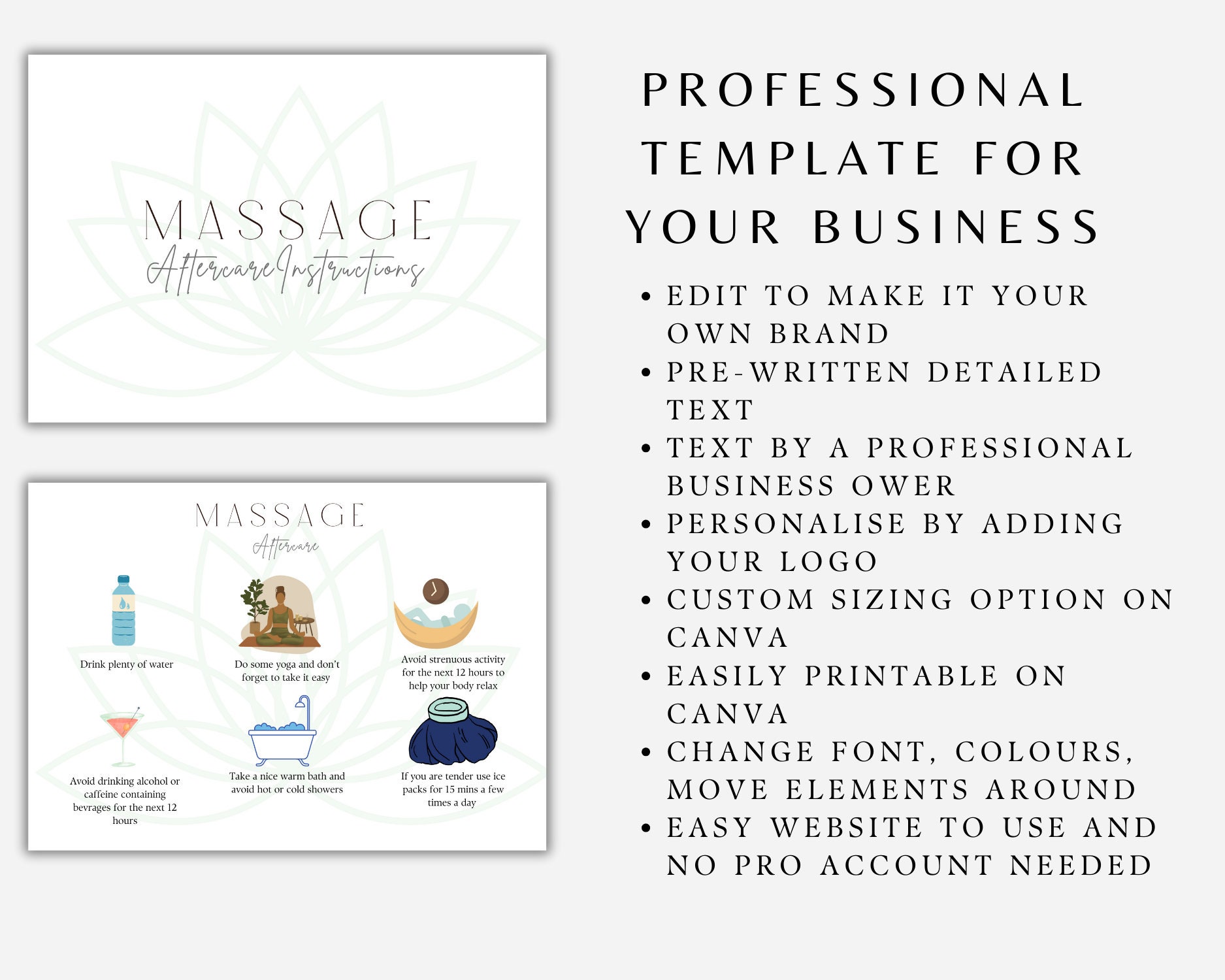 Massage Therapy Aftercare Instructions, Aftercare Card Template, Post ...