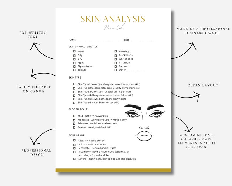 Professional Skin Analysis Record Form, Facial Consultation, Client ...