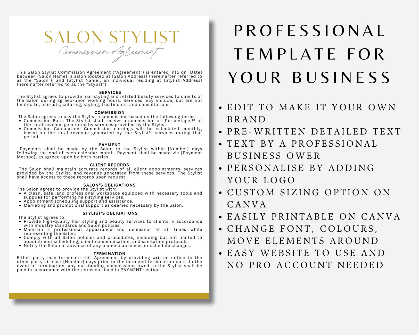 Editable and Printable Salon Stylist Commission Agreement, Employeee ...