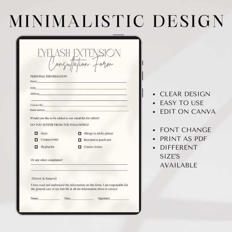 Eyelash Extension Consultation Form, Client Intake, Canva Template ...