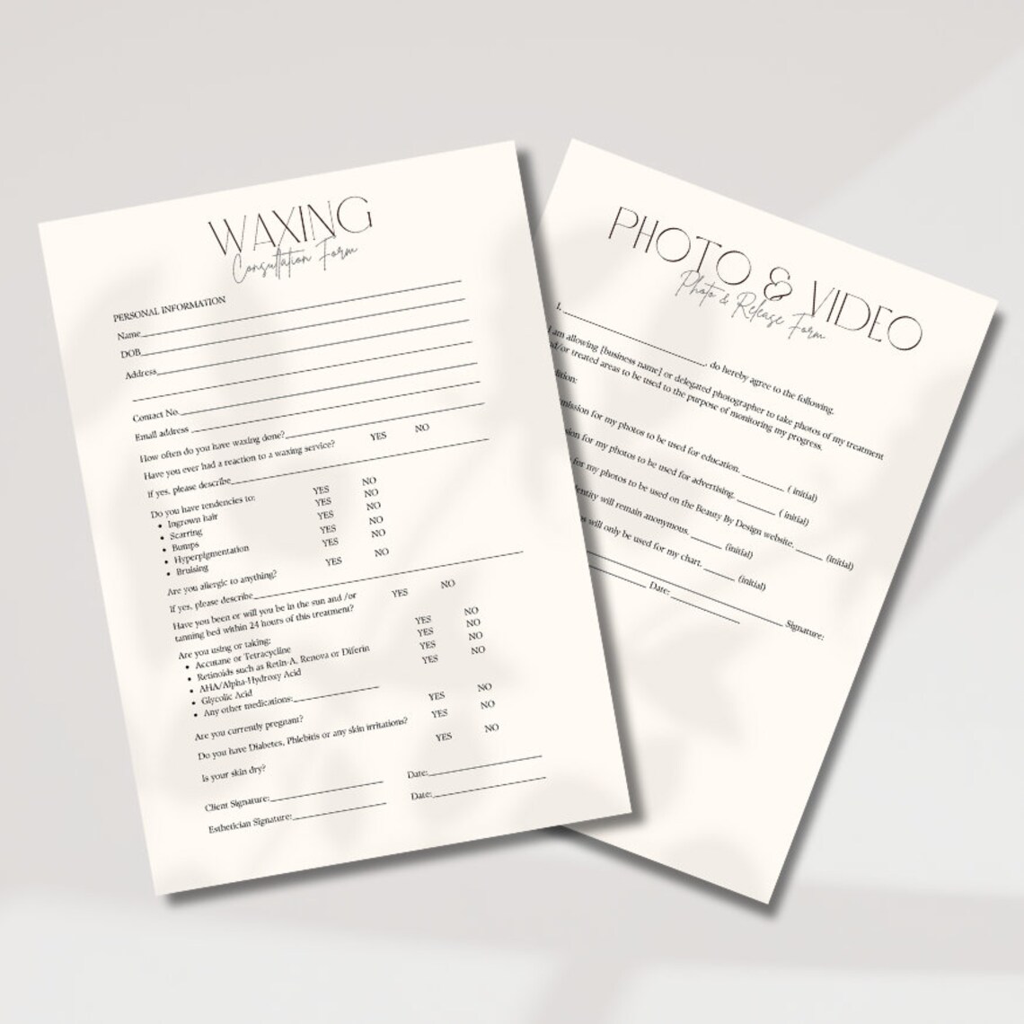 Waxing Consultation Form, Photo and Video Release Form, Wax Aftercare ...