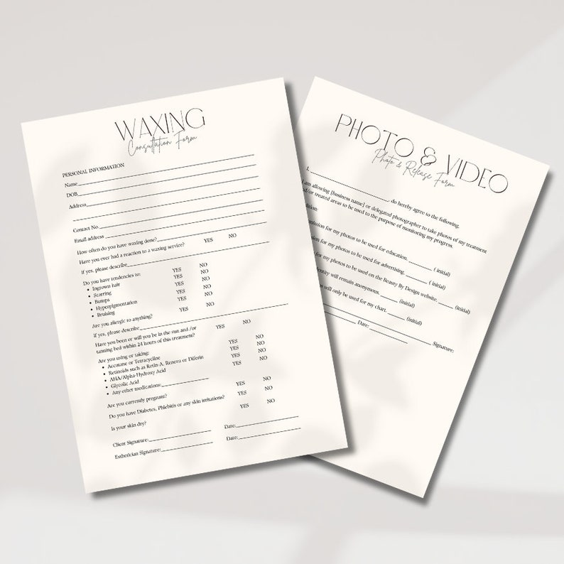 Waxing Consultation Form, Photo and Video Release Form, Wax Aftercare ...