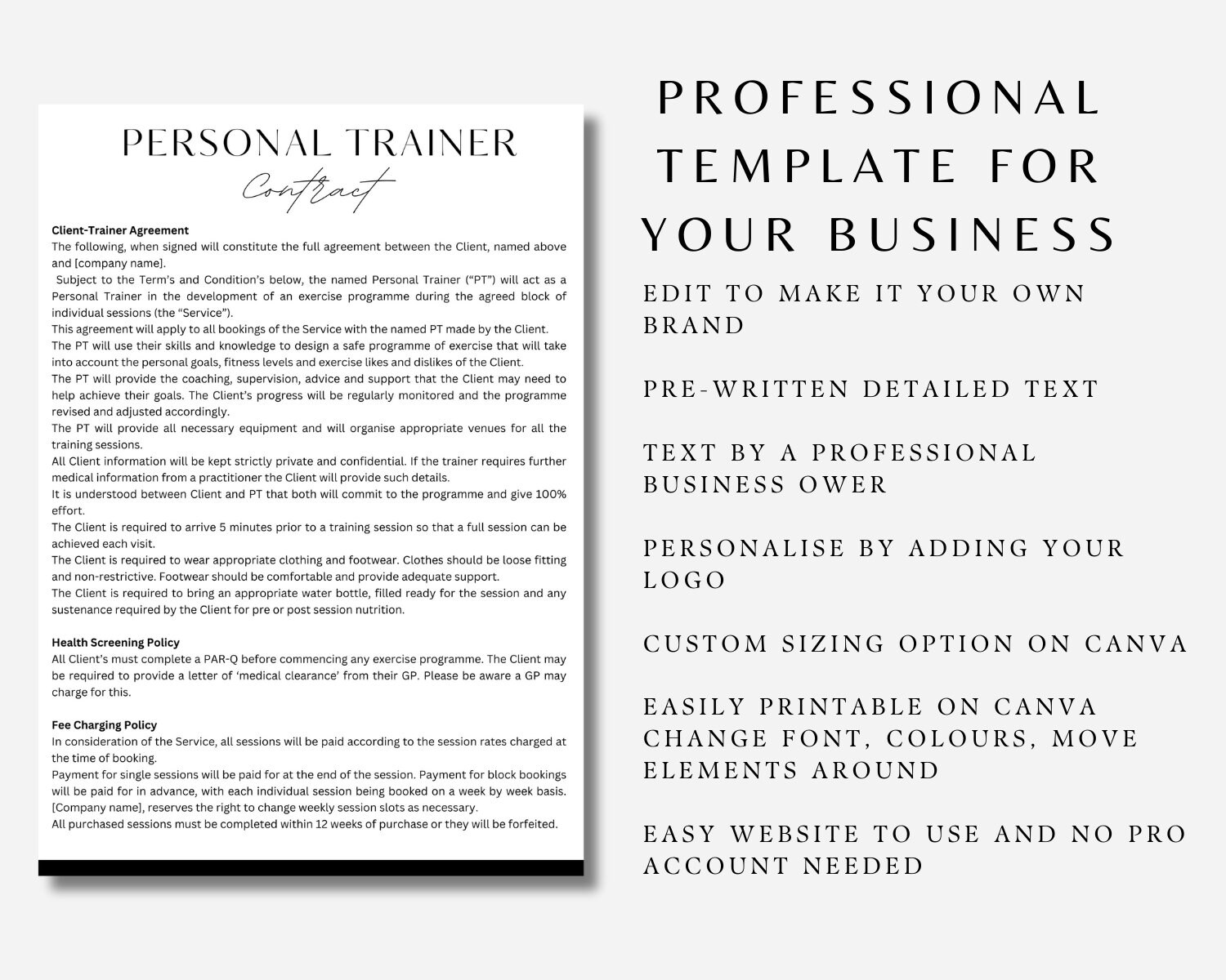 Editable Personal Trainer Contract, Fitness Business Service Agreement ...