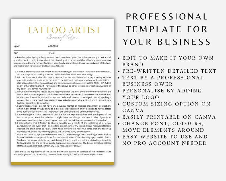 Professional Tattoo Artist Forms, Consent Form, Client Intake Form ...