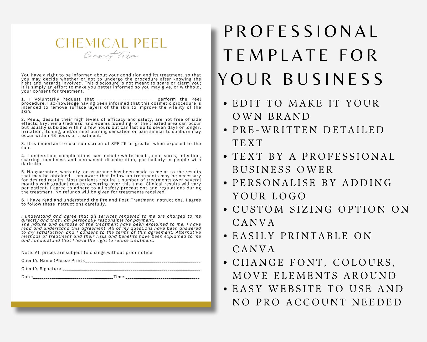 Editable Chemical Peel Consent Form, Agreement, Contract Canva Template ...