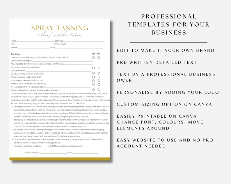 Editable Spray Tan Client Intake Form | Consent Form | Duo Bundle ...