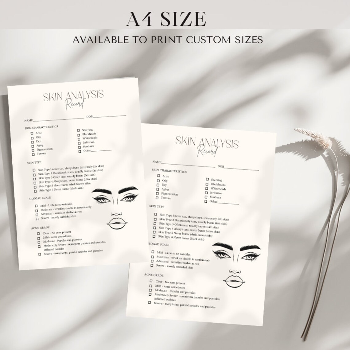 Professional Skin Analysis Record Form, Facial Consultation, Client ...