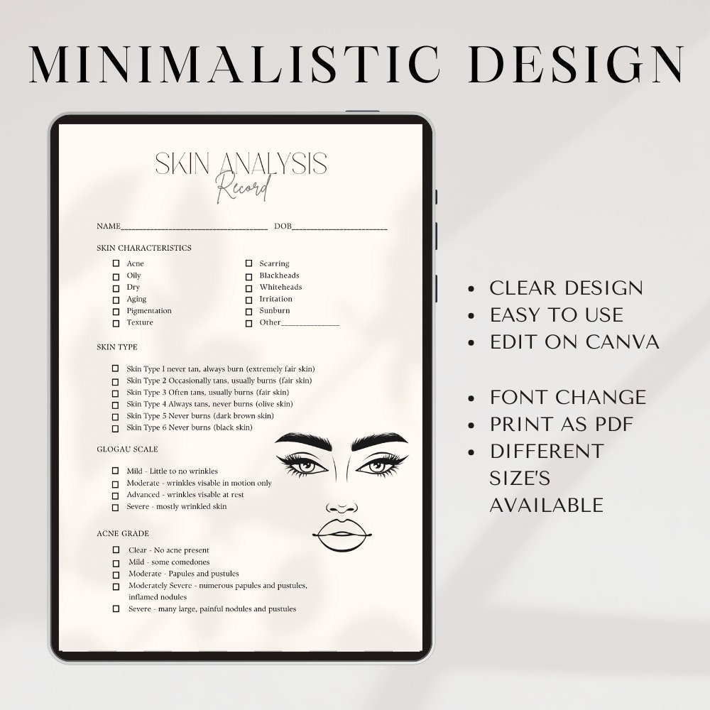 Professional Skin Analysis Record Form, Facial Consultation, Client ...