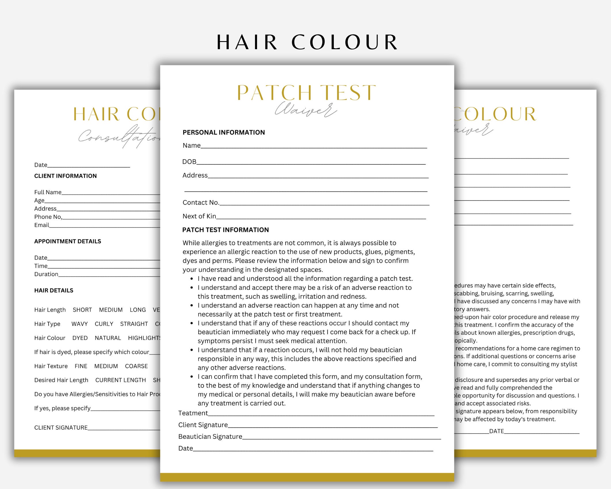 Editable Hair Colour Form, Patch Test Waiver, Liability Waiver ...