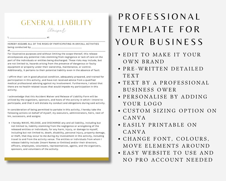 Editable General Liability Waiver Template: Business Use (canva) - Etsy