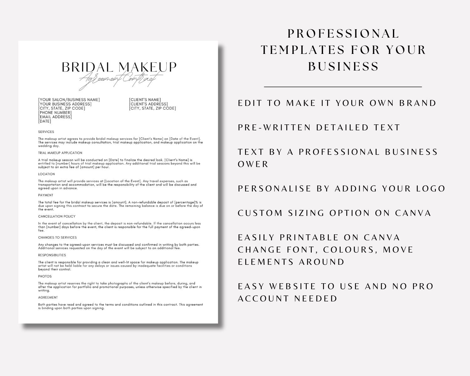 Professional Bridal Makeup Contract | Consent Form | Editable on Canva ...