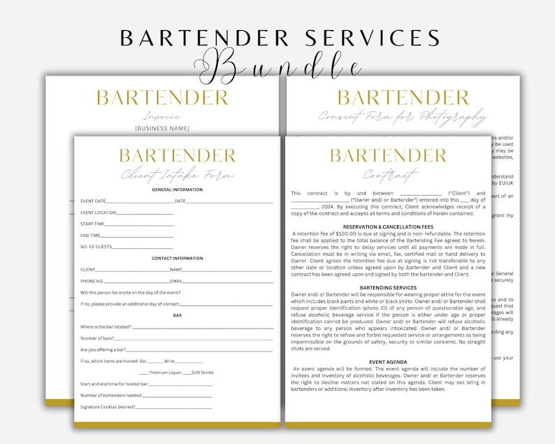 Professional Bar Business Forms, Bartending Services, Contract, Invoice ...