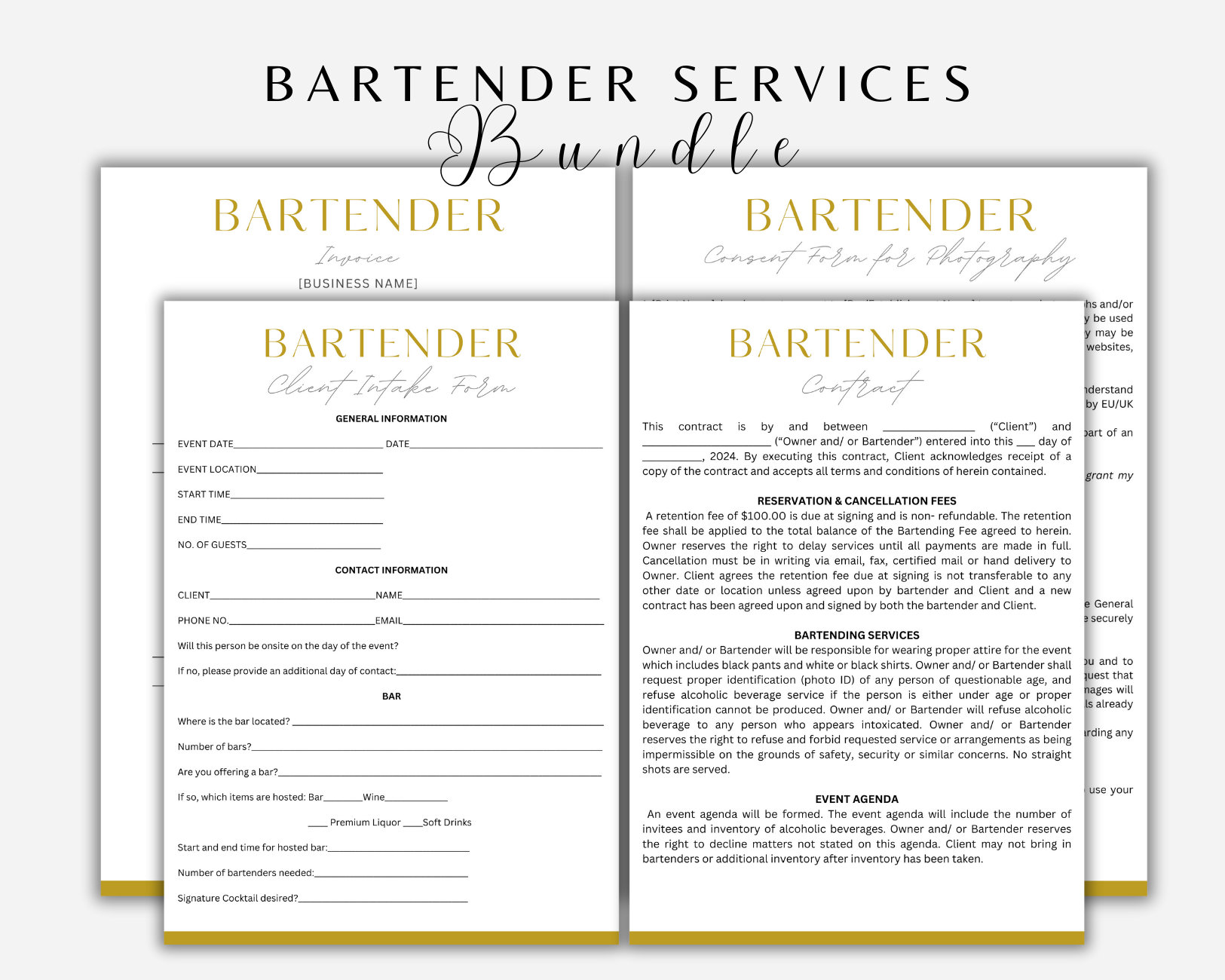 Professional Bar Business Forms, Bartending Services, Contract, Invoice ...