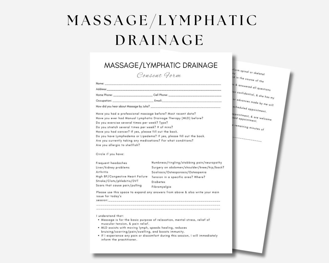 Massage/lymphatic Massage Consent Form | Massage Contract | Massage ...