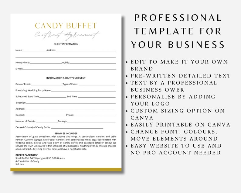 Professional Candy Buffet Contract Template With Price List, Dessert ...