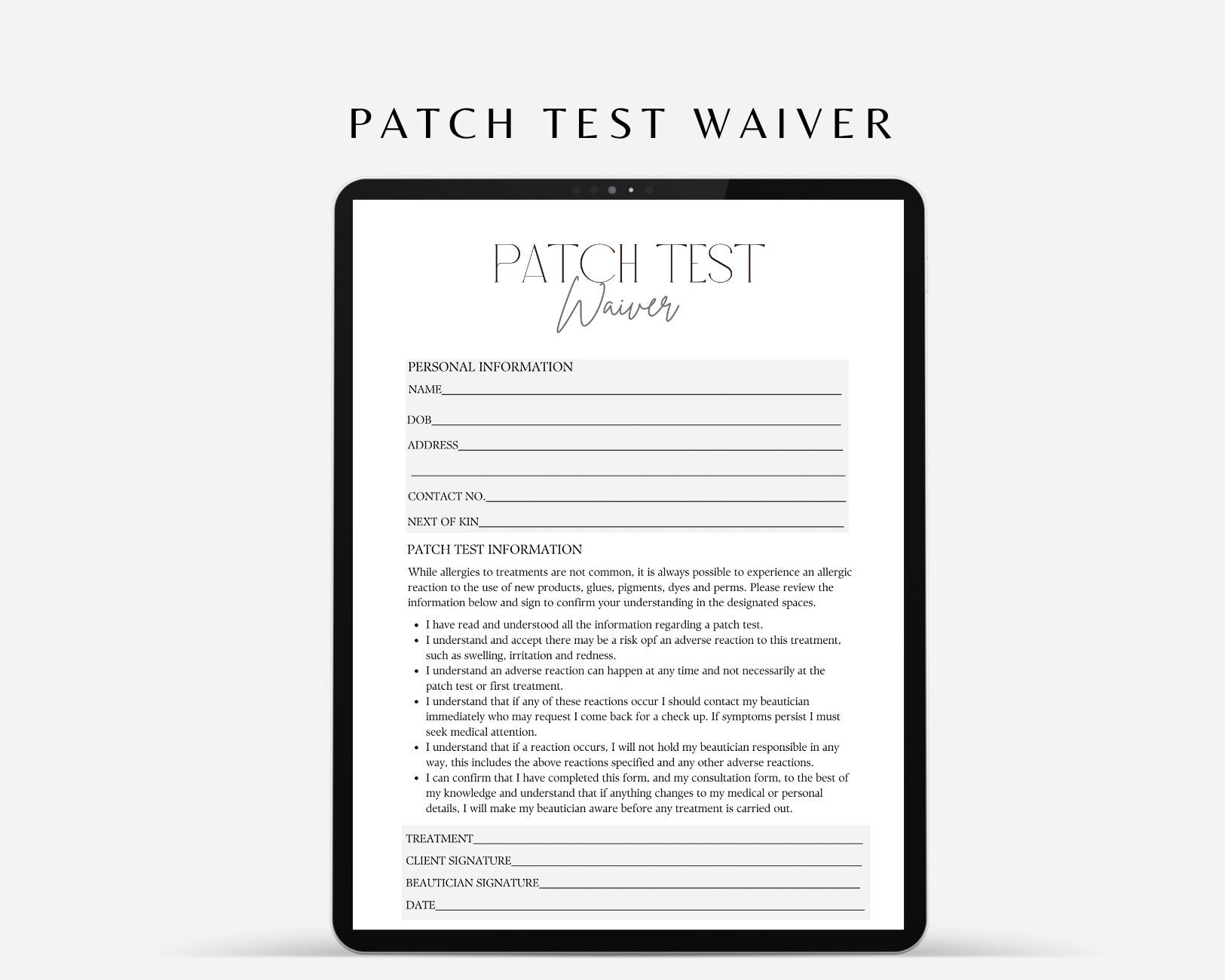 Editable Patch Test Waiver Form - Canva Template for Skin Sensitivity ...