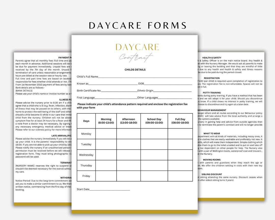 Editable Daycare Form - Contract for Parents, Nursery Contract Template ...