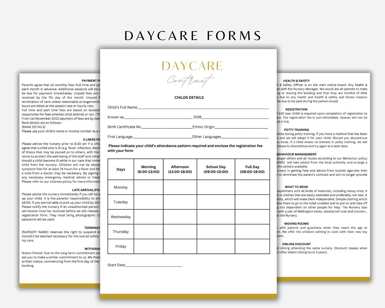 Editable Daycare Form Contract for Parents, Nursery Contract Template ...