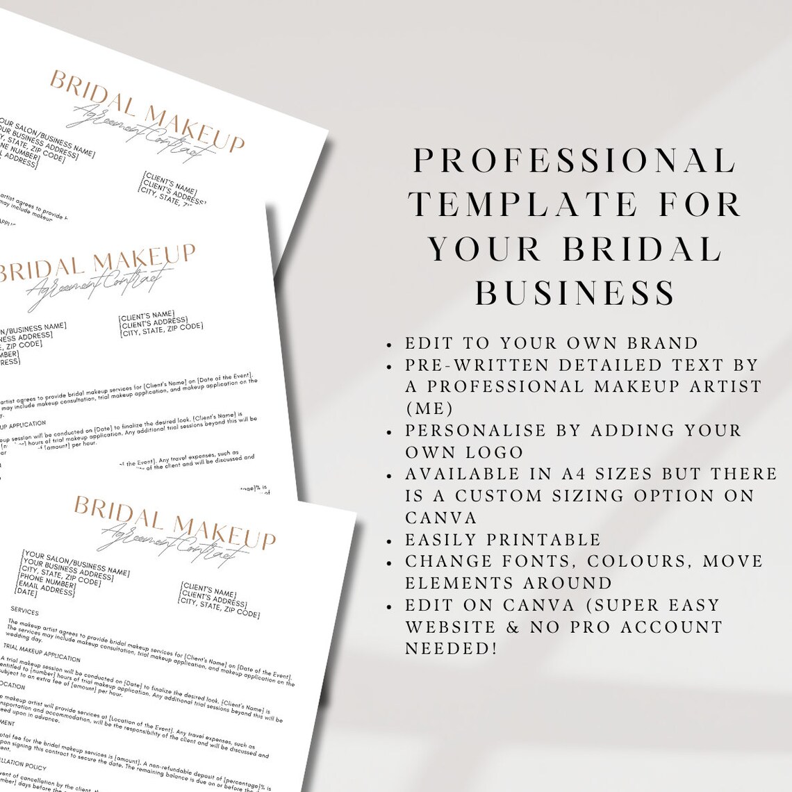 Professional Bridal Makeup Contract, Consent Form, Editable on Canva ...