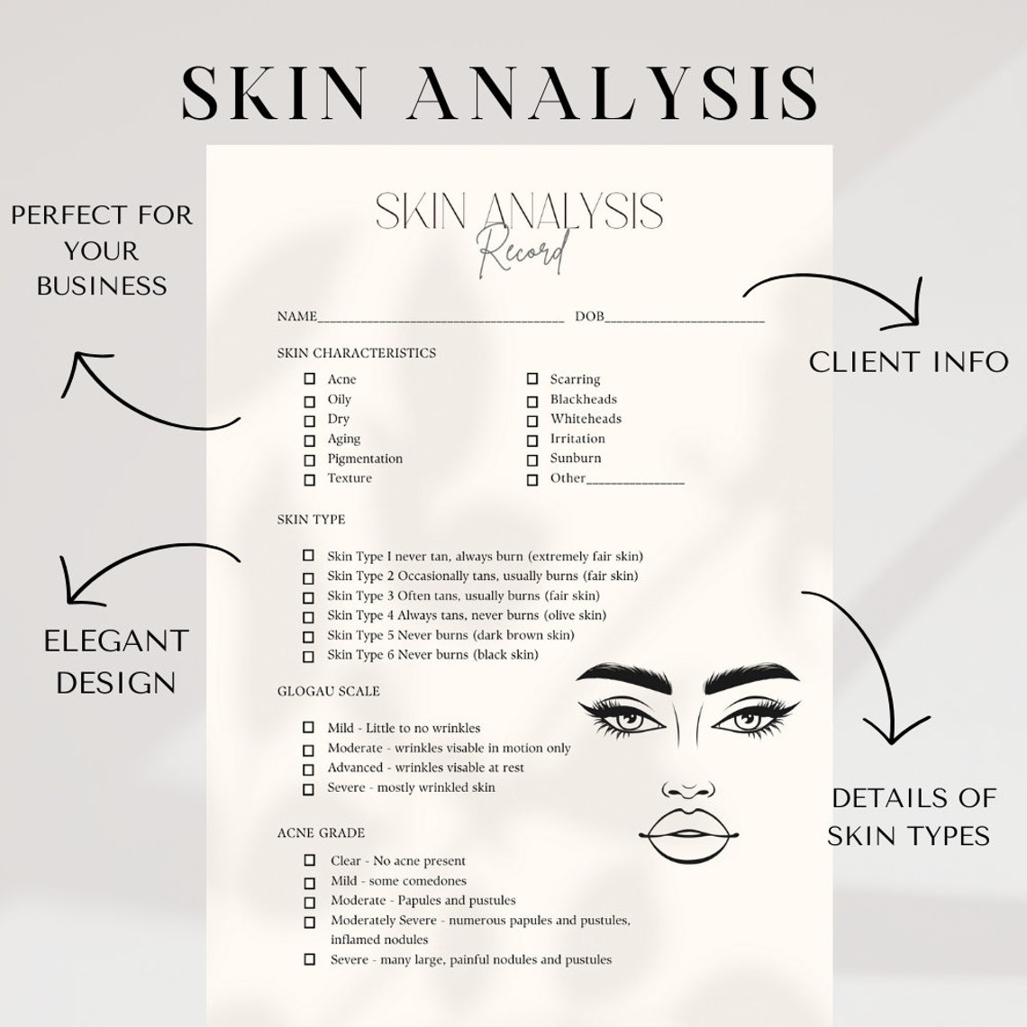 Professional Skin Analysis Record Form, Facial Consultation, Client ...