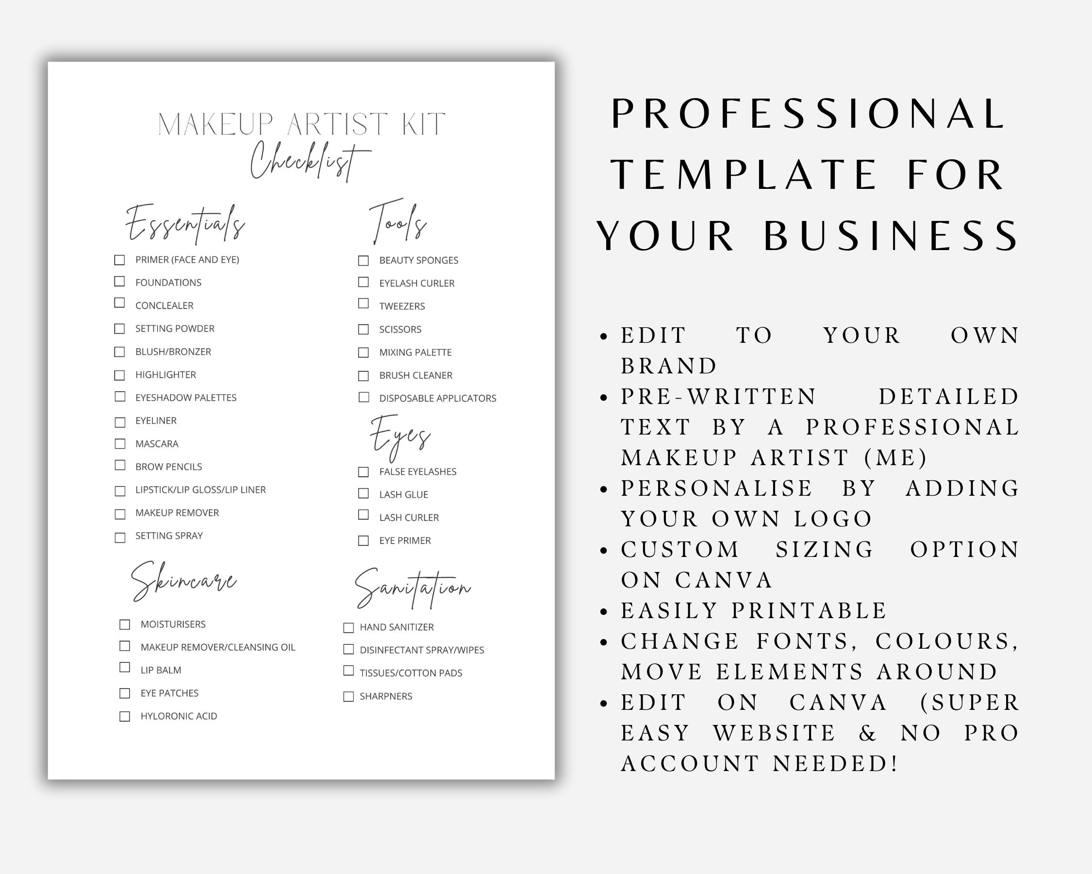 Professional Makeup Kit Checklist, Makeup Artist Checklist, MUA Planner ...