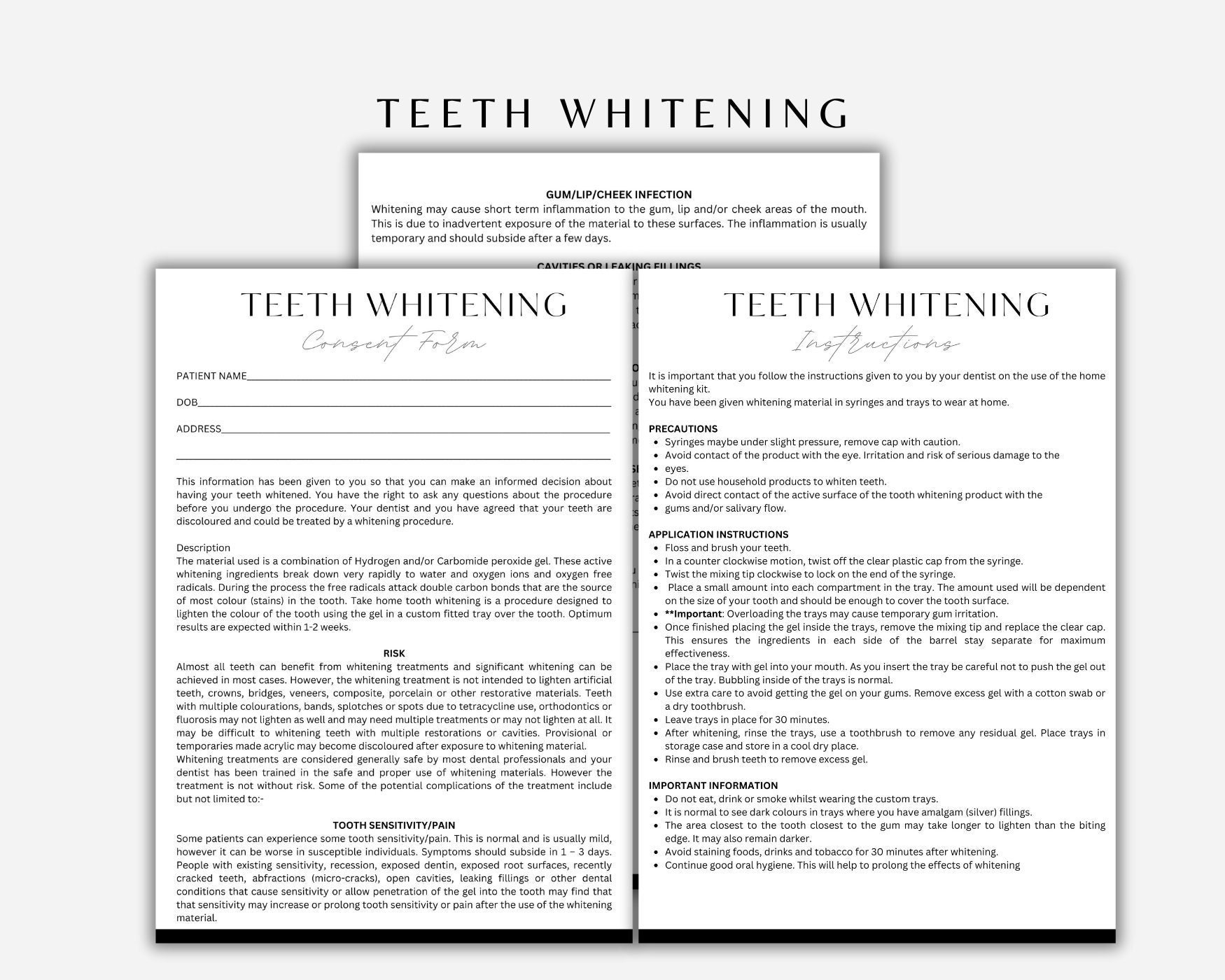 Editable Teeth Whitening Templates, Consent Form, Instructions, Dental ...