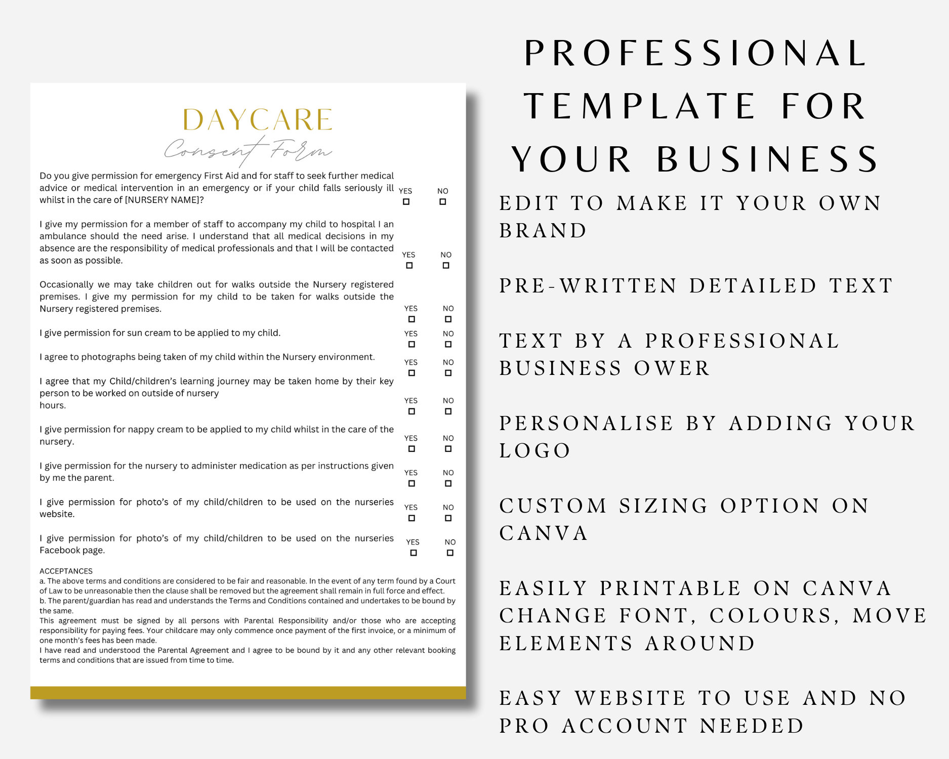 Professional Day Care Forms Consent Form for Nursery Daycare Paperwork ...